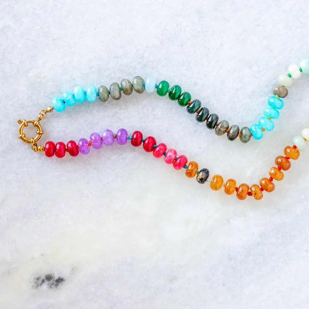 Jewelry | Earthy Rainbow Gemstone Beaded Necklace Waterproof Gold Charm ...
